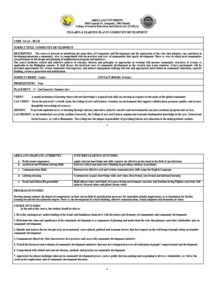 ComDev Syllabus Learning Plan SY 2024-25 | PDF | Community | Knowledge