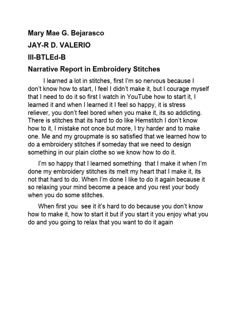 Narrative Report in Embroidery Stitches | PDF | Self-Improvement