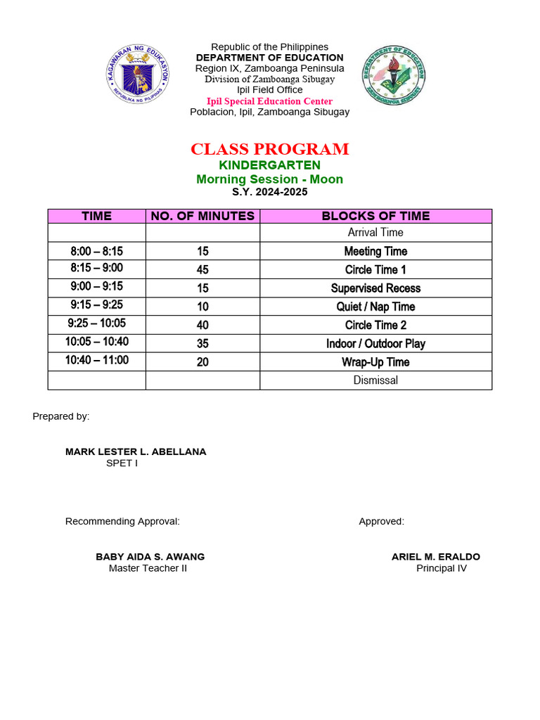 Class Program Matatag Kinder Moon | PDF