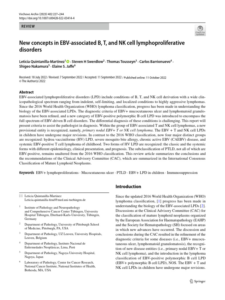 New Concepts in EBV Associated B, T, and NK Cell Lymphoproliferative ...