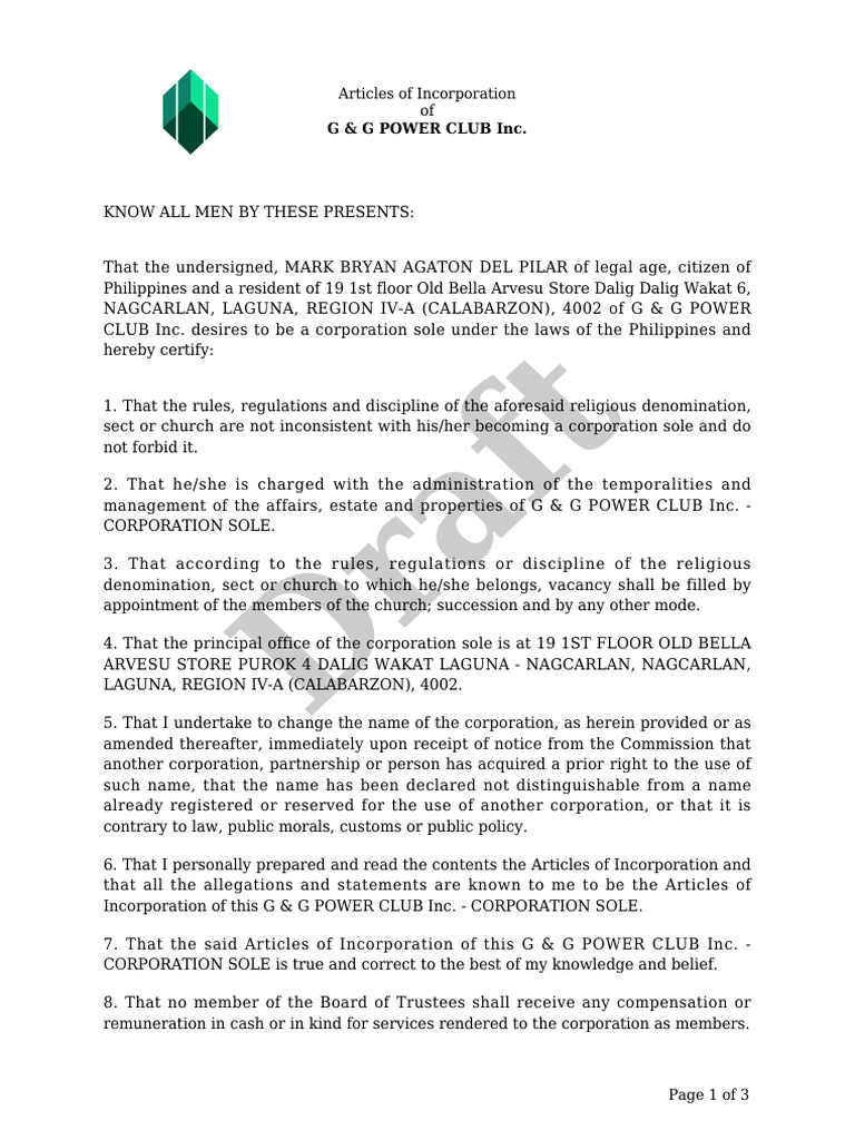 Articles of Incorporation for G & G POWER CLUB | PDF | Private Law | Government