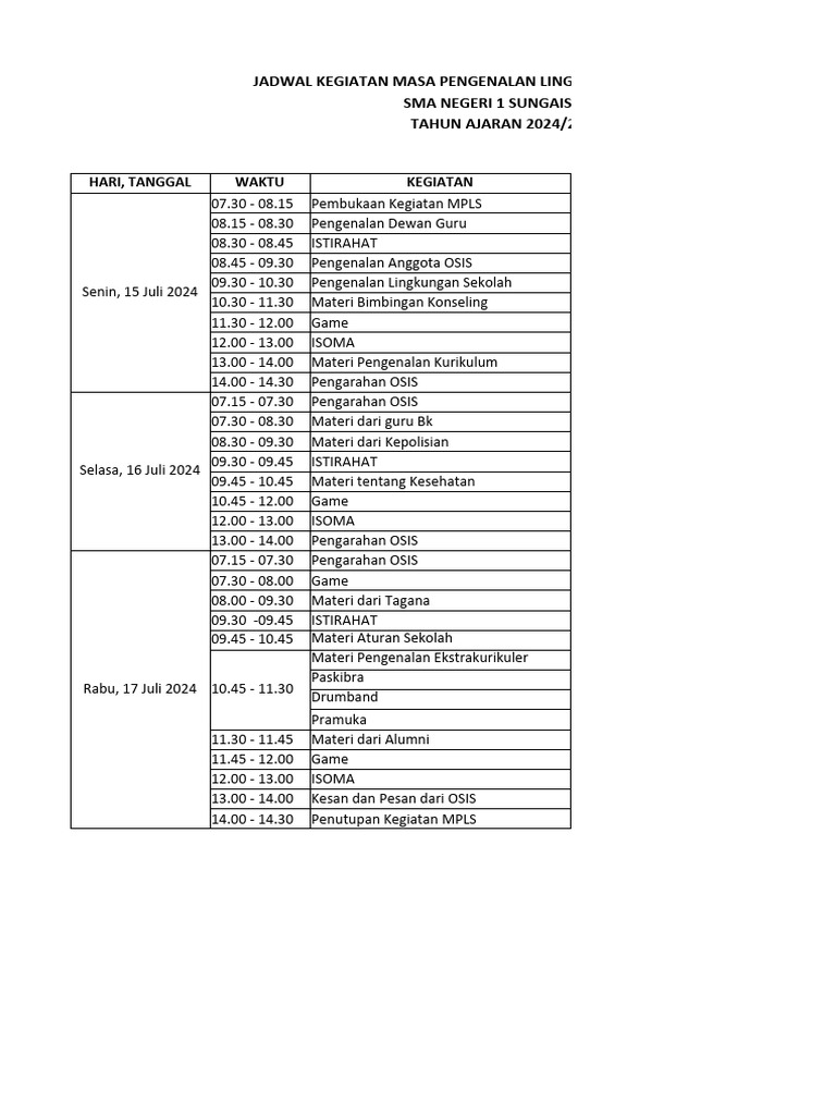 Jadwal MPLS 2024 SMA Negeri 1 Sungaiselan | PDF