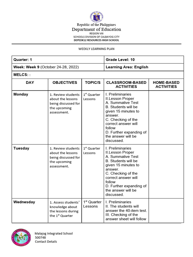 Weekly Learning Plan English 10 Week 9 | PDF | Learning