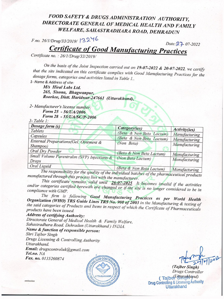 WHO GMP Hiral Certificate - 2022 | PDF