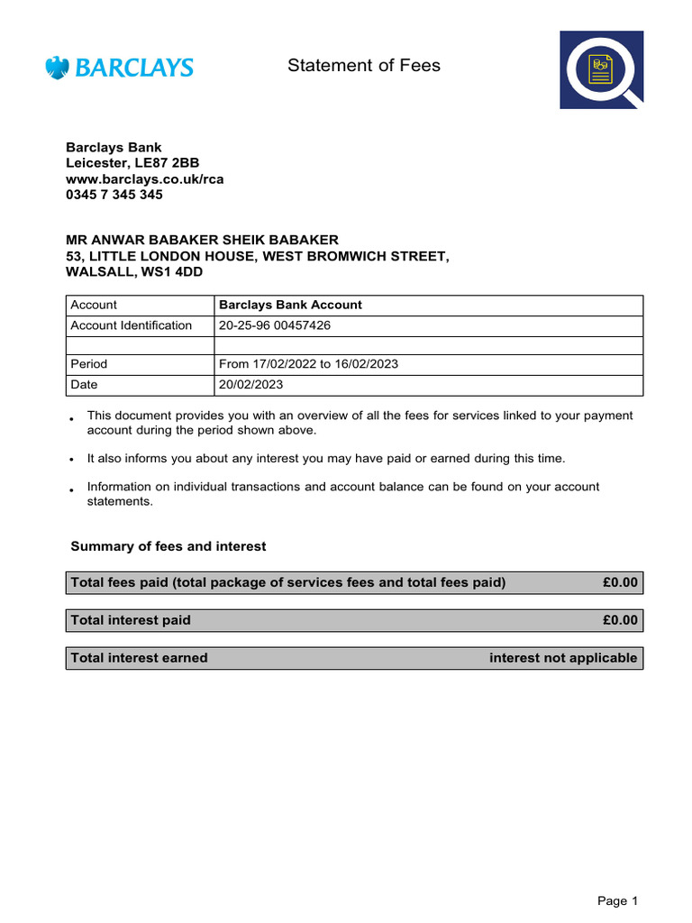 Statement of Fees20-FEB-23 AC 00457426 22041846 | PDF | Overdraft | Payments