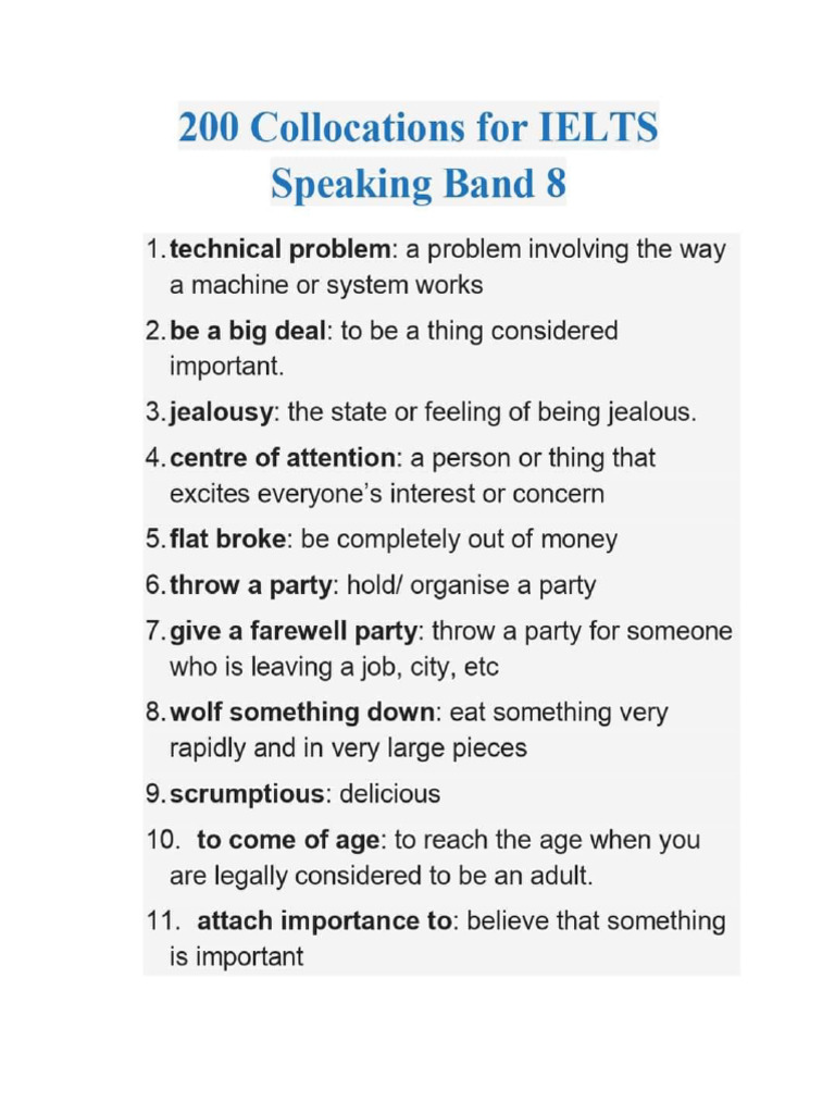 200 Collocations For ILETS Speaking Band 8 | PDF