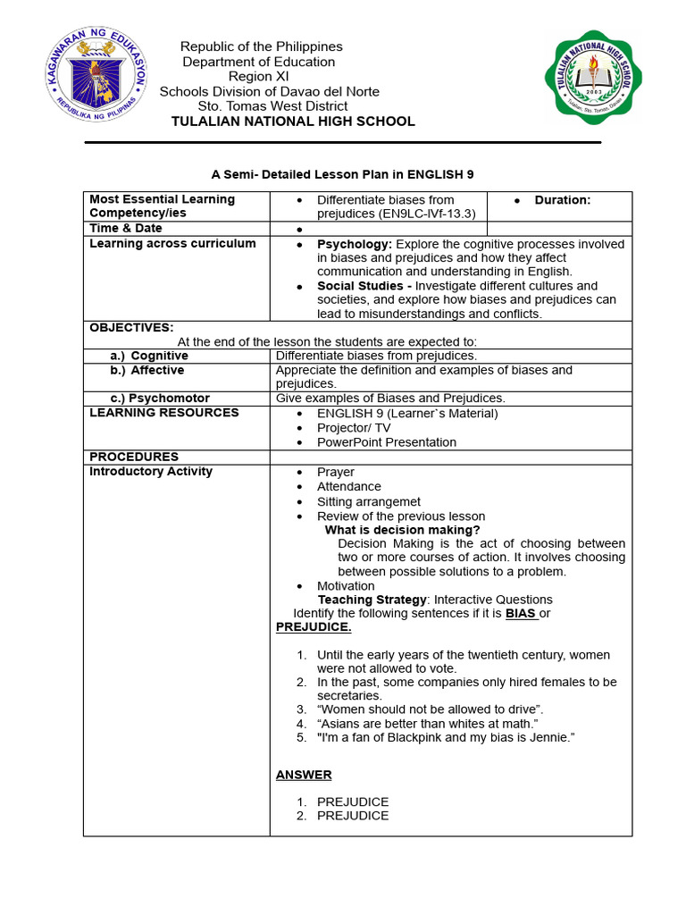 Lesson Plan | PDF | Bias | Prejudices
