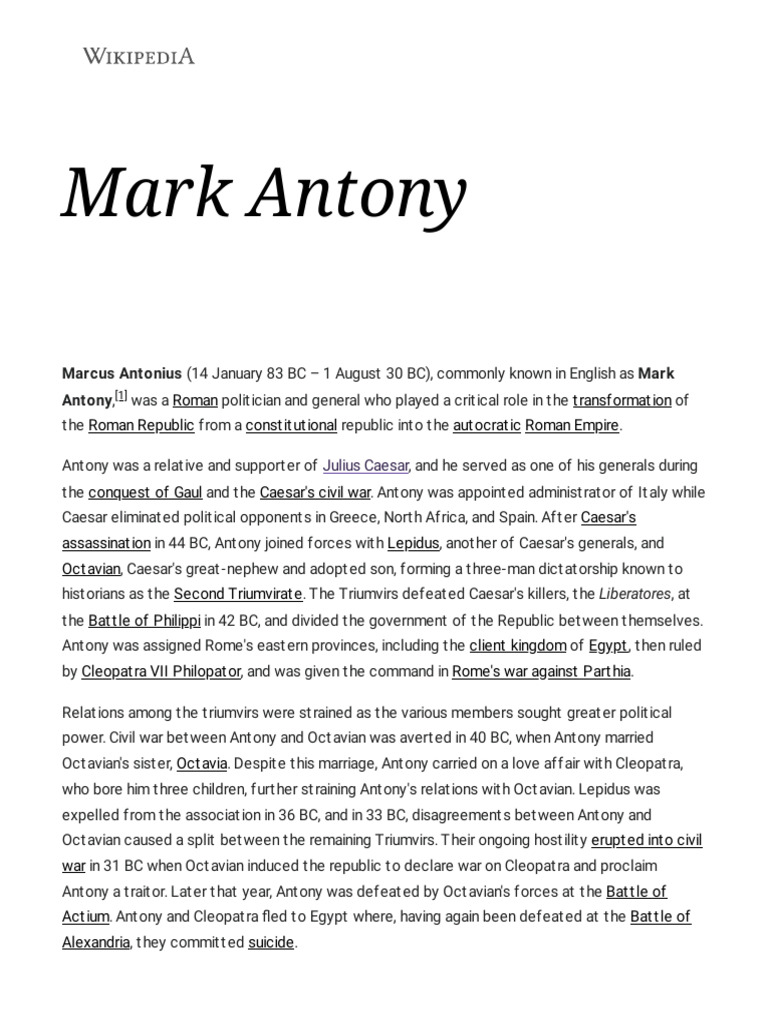 Mark Antony - Wikipedia | PDF | Mark Antony | Julius Caesar