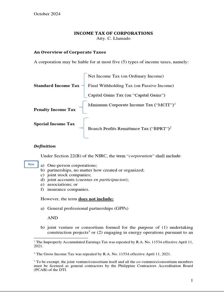 CPAR Income Tax of Corporations (Batch 96) - Handout | PDF | Taxes ...