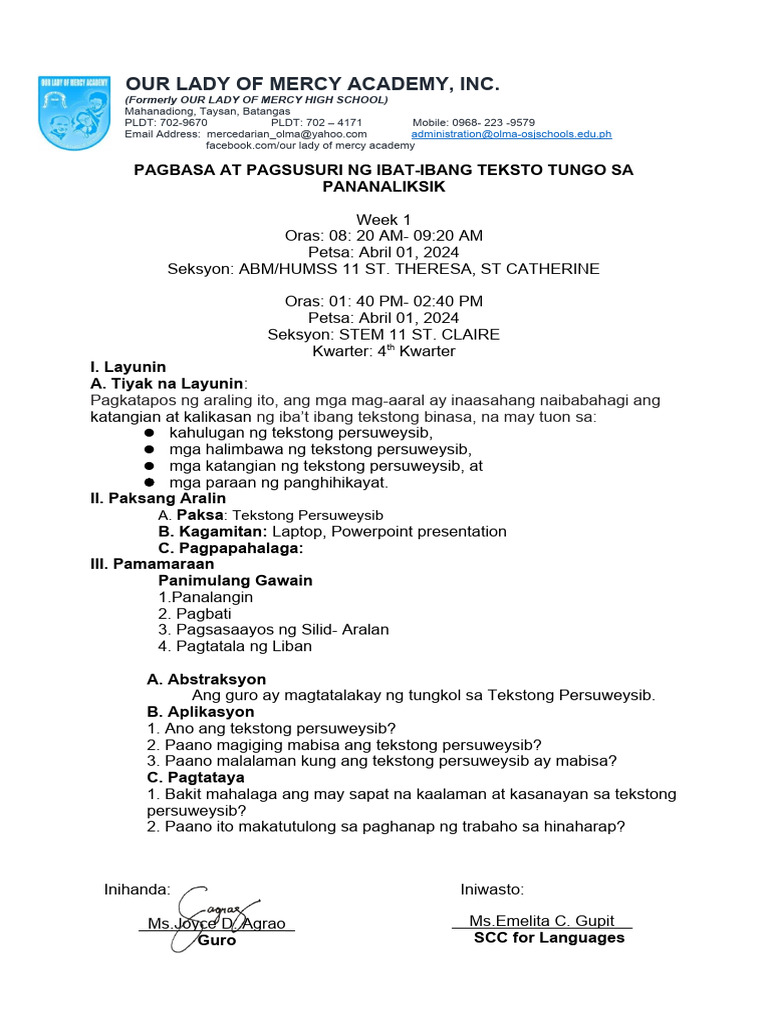 4th Quarter Lesson Plan Week 1 PAGBASA | PDF