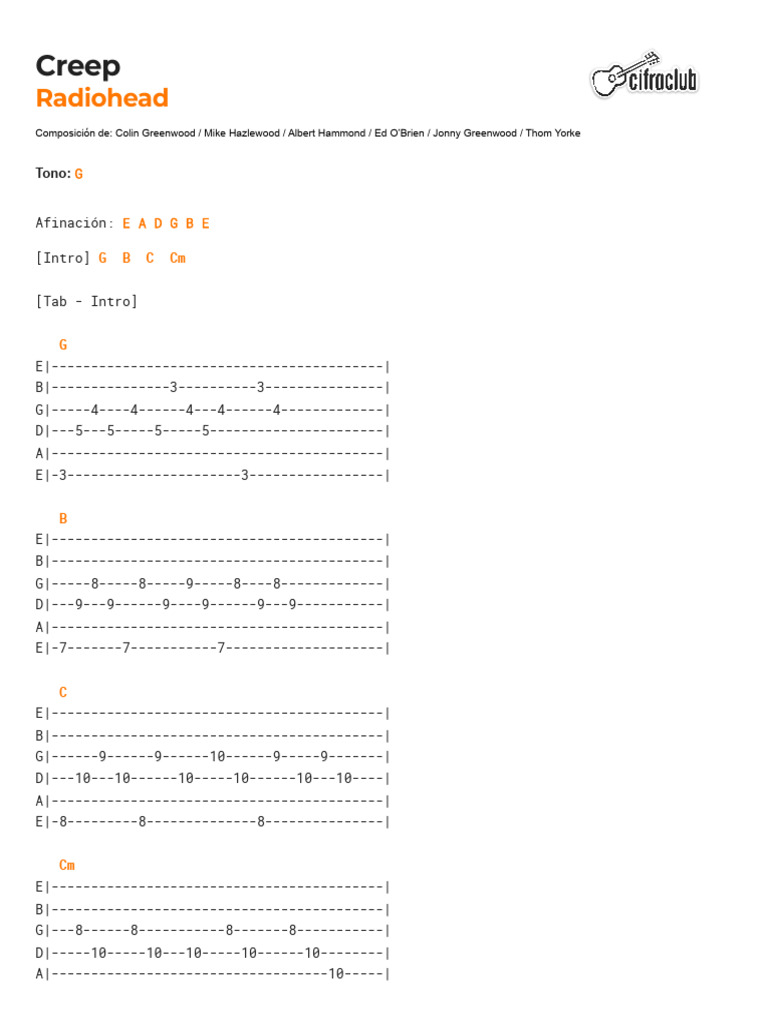 Radiohead Creep Guitar Tabs | PDF | Sound Recording | Rock Songs