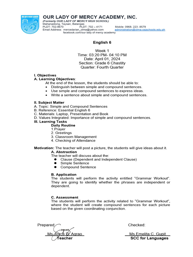 4th Quarter Lesson Plan Week 1 ENGLISH | PDF | Sentence (Linguistics ...