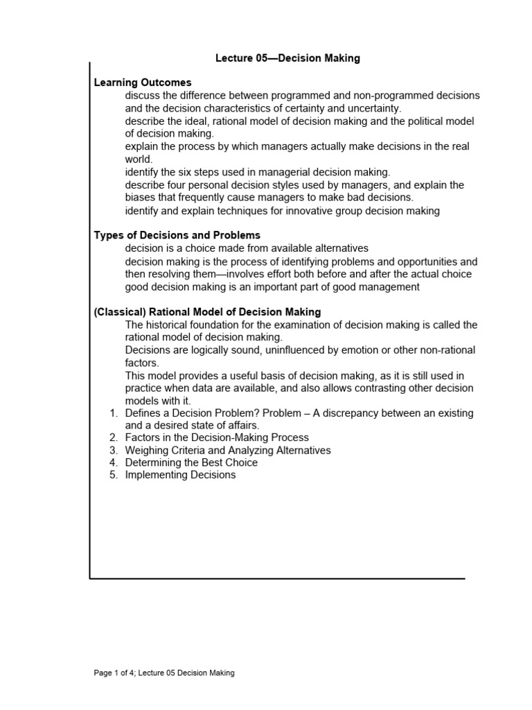 Lecture05 Decision Making 2021 02 | PDF | Decision Making | Rationality