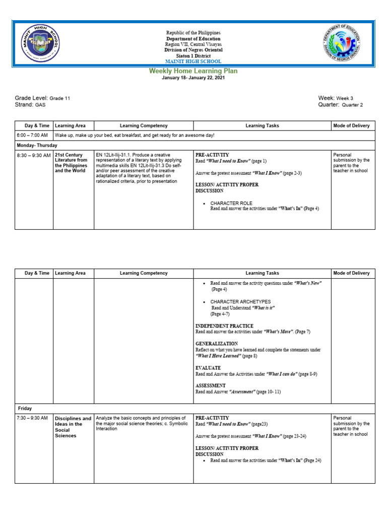 WEEKLY-HOME-PLAN-QUARTER2Week3 | PDF | Educational Assessment | Cognition