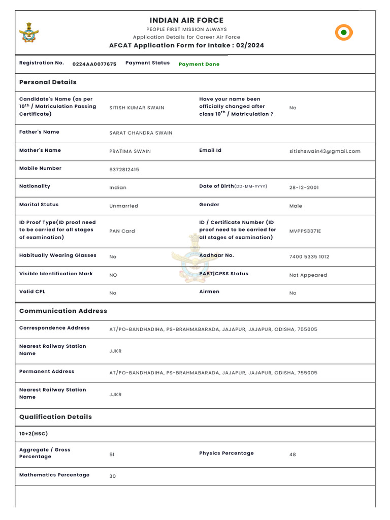 AFCAT 2024 Application Details | PDF