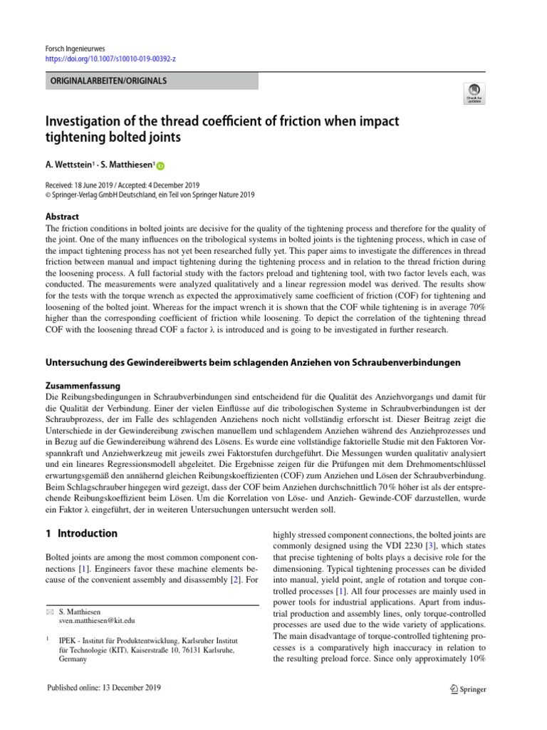 Thread Friction in Impact Tightening | PDF | Physical Quantities | Force