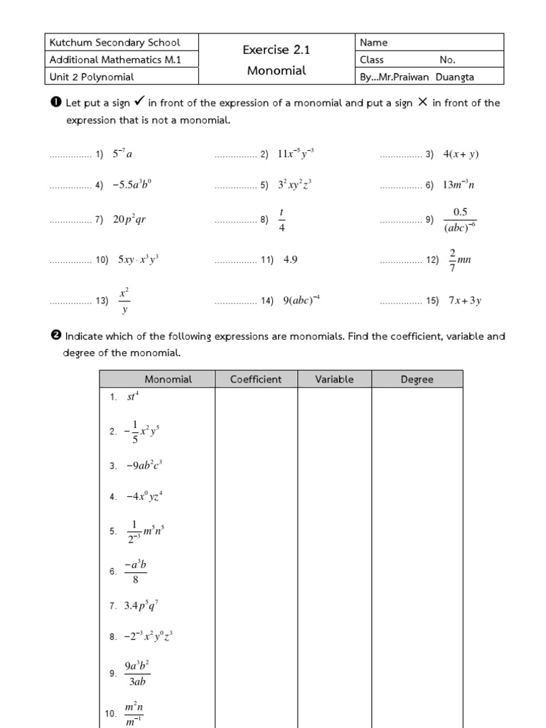 2.1 Monomial | PDF | Algebra | Mathematical Problem Solving