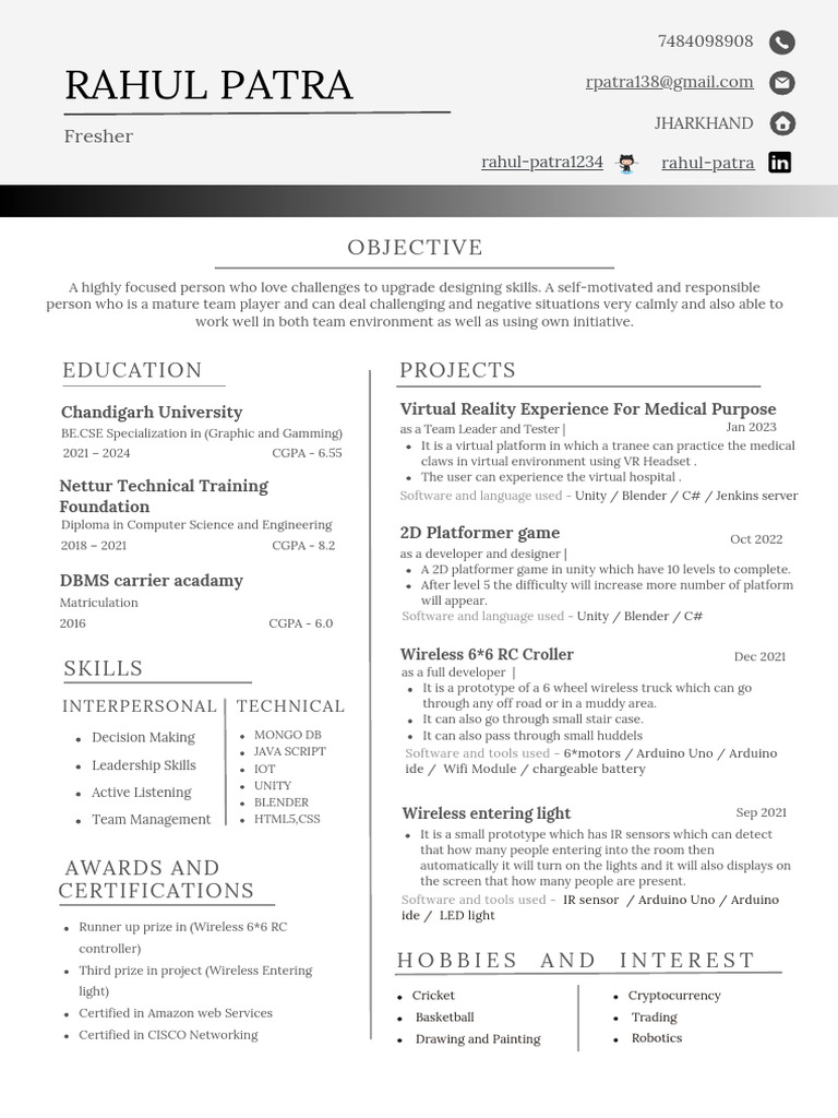 Rahul Patra Resume | PDF | Virtual Reality | Arduino
