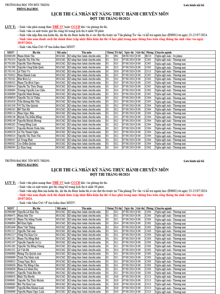 Lich Thi Ca Nhan KNTHCM Dot 2024 (20240720 - 061800 - 207) | PDF