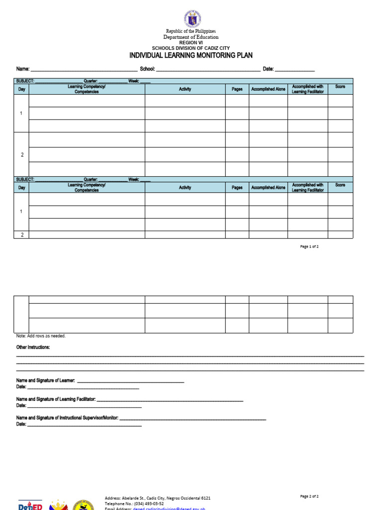Individual Learning Monitoring Plan Template | PDF | Learning ...