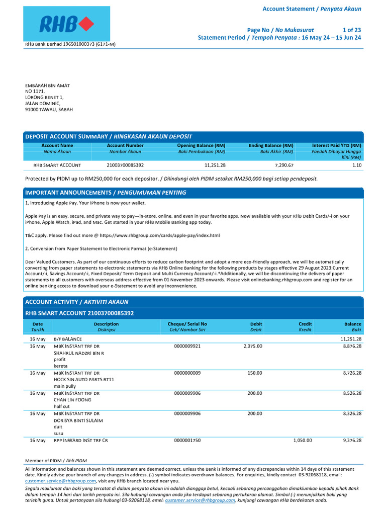 RHB Smart Account Statement Summary | PDF | Apple Pay | Debit Card