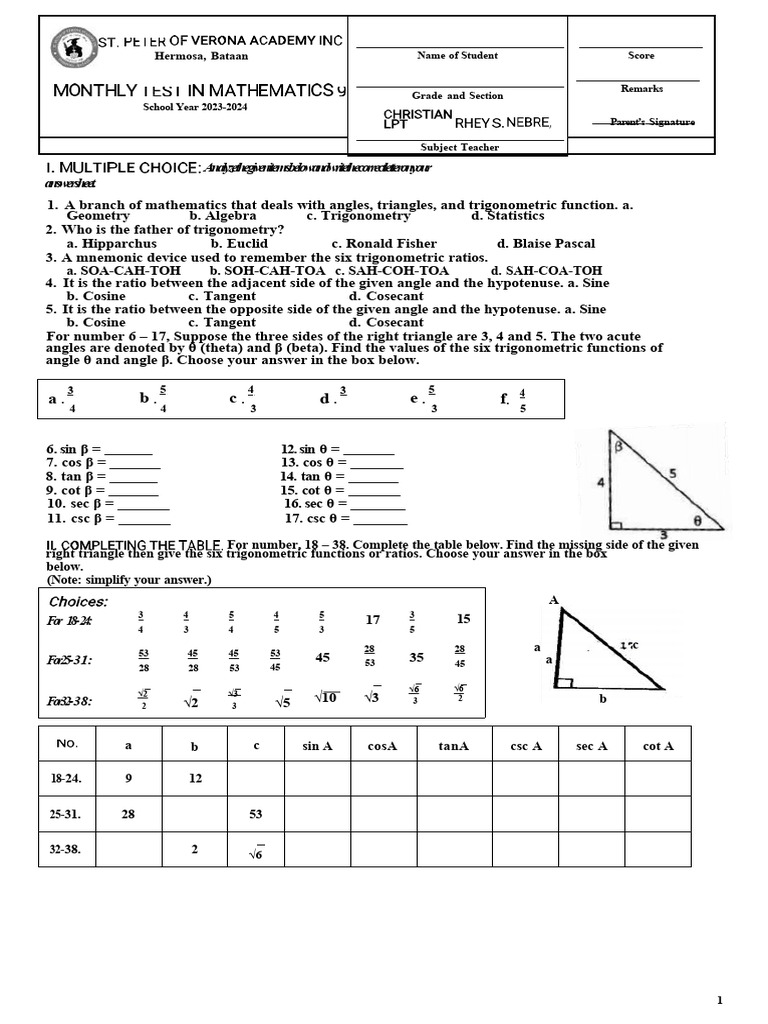 DAVID - MATH 9 (MONTHLY EXAM) (1) | Download Free PDF | Trigonometric ...