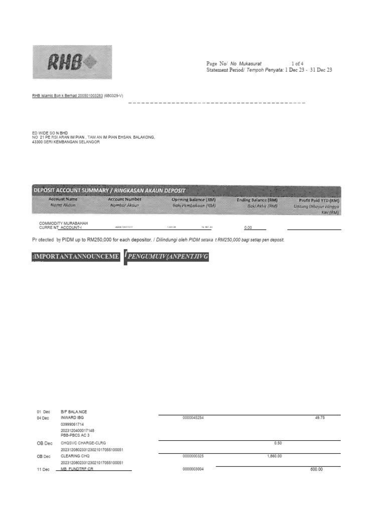 RHB Company Current Account Statement - Dec 2024 | PDF | Banking ...