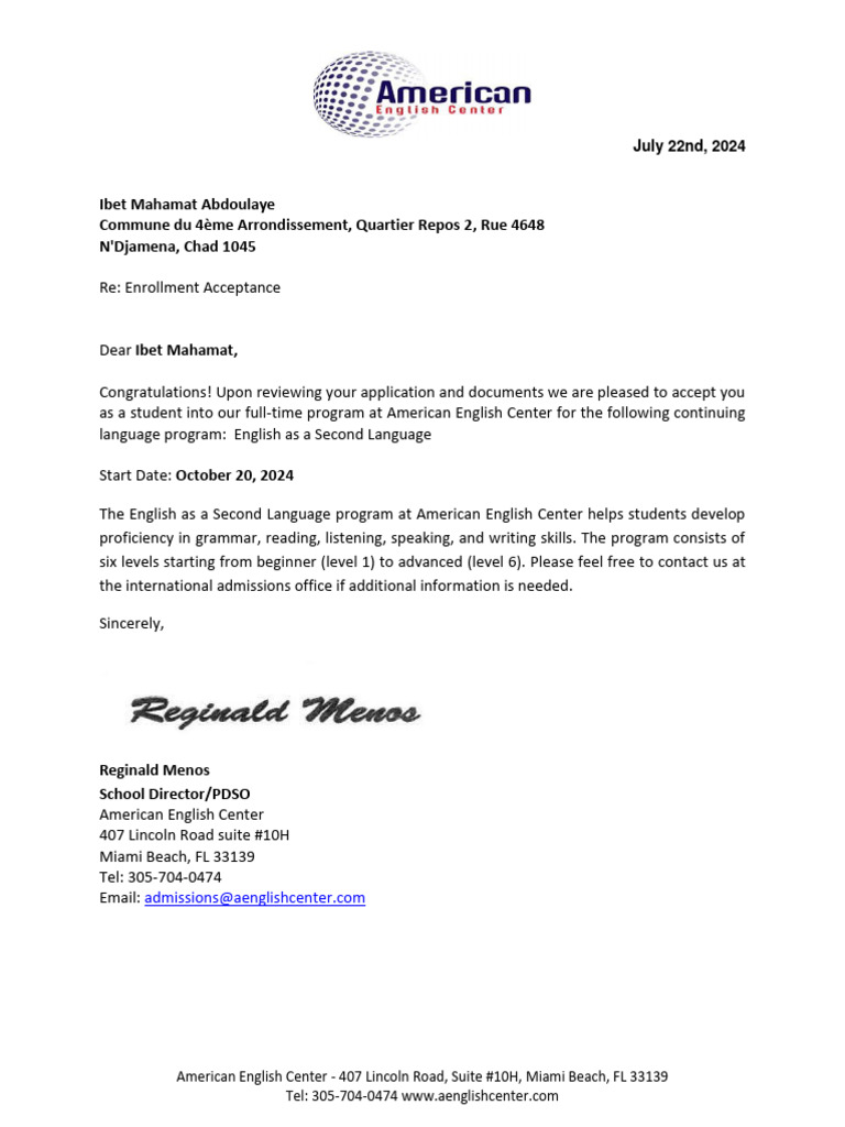 ESL Program Acceptance Letter | PDF