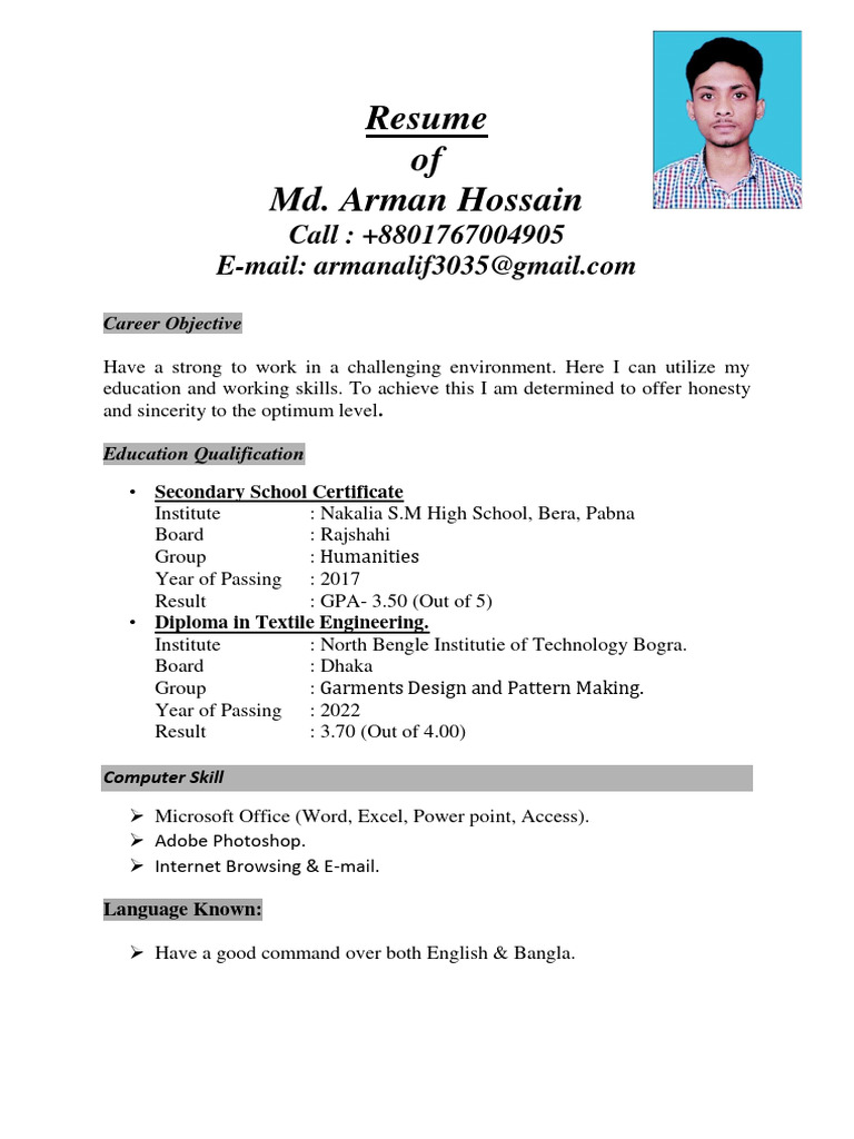 Resume of Md. Arman Hossain: Call: +8801767004905 | PDF