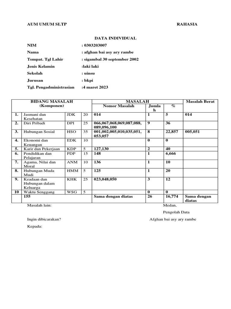 Data Individual Siswa SLTP | PDF
