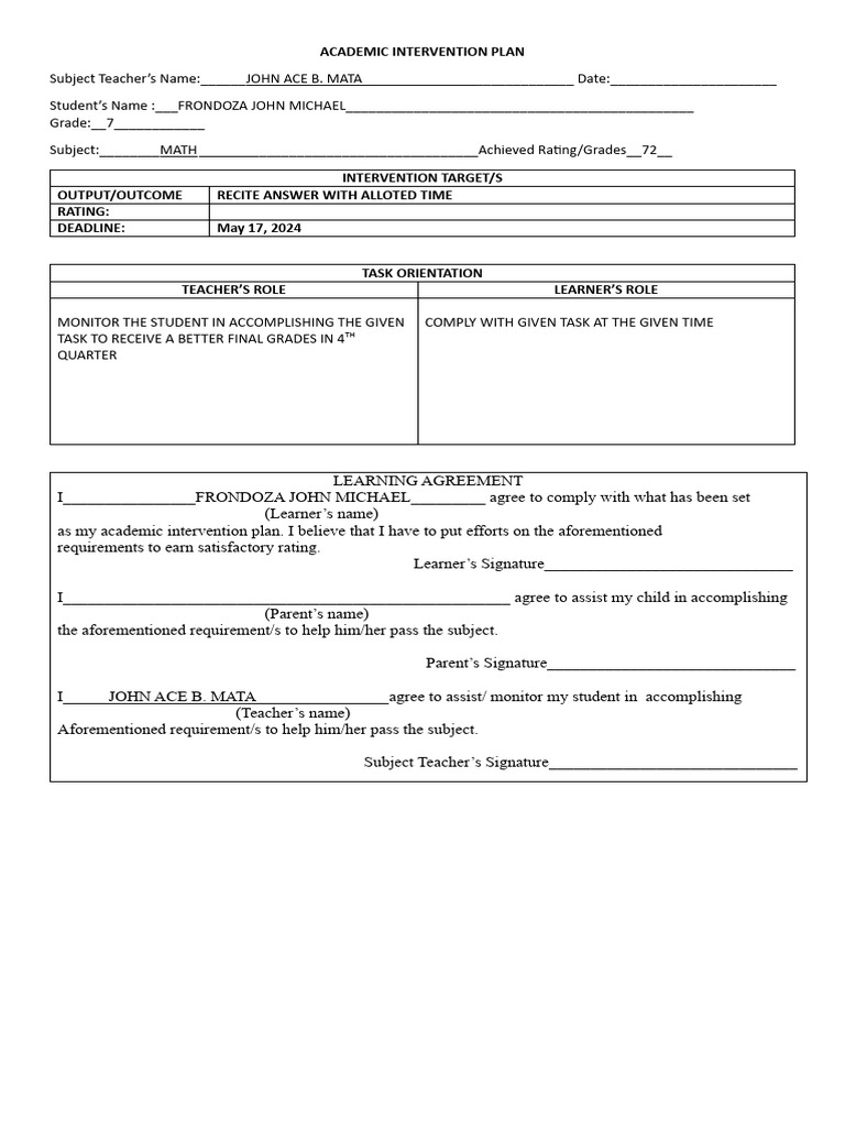 Academic Intervention Plan | PDF