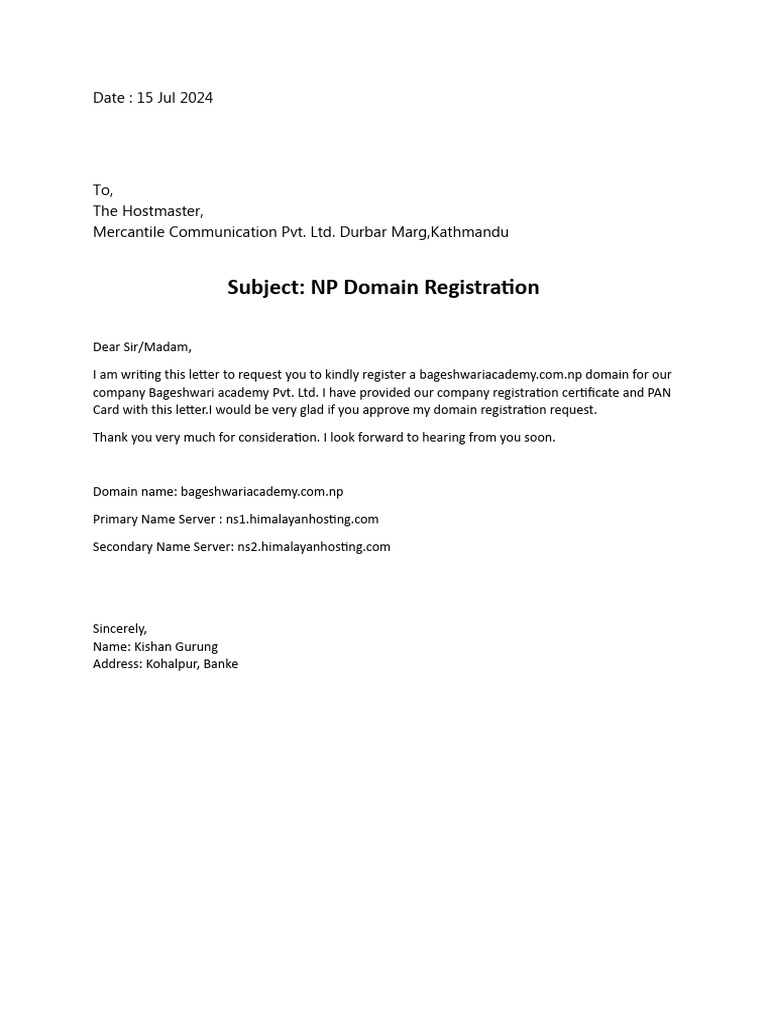 Cover Letter For .NP Registration | PDF