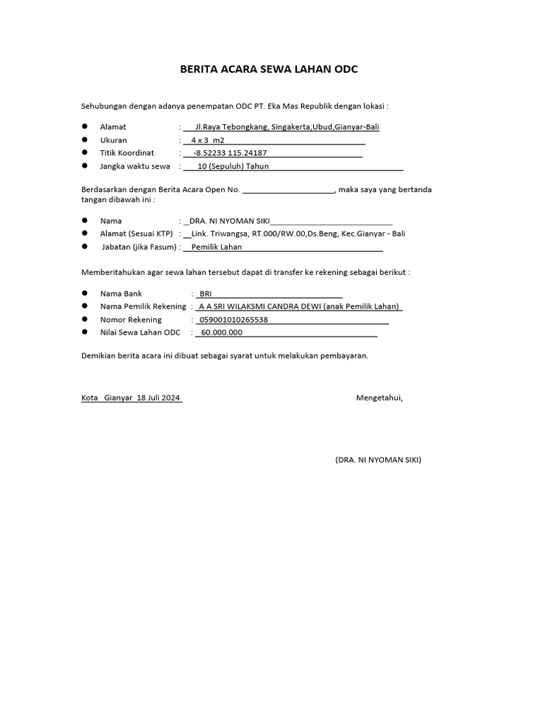 Berita Acara Sewa Lahan Odc | PDF | Hukum