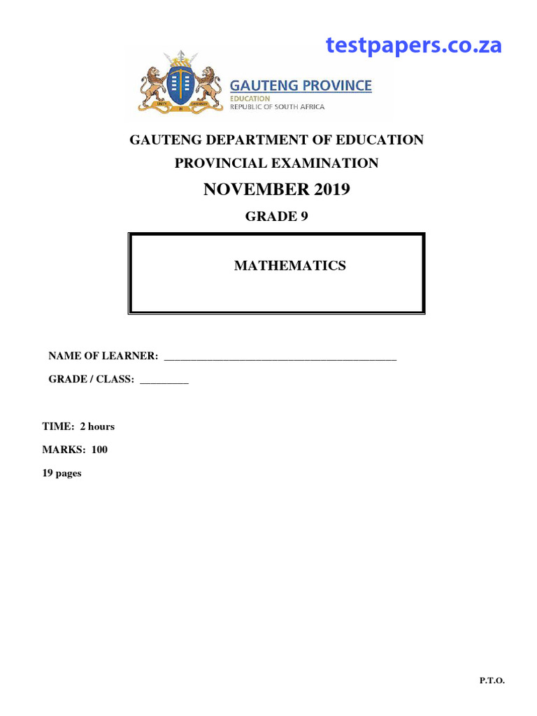 Gr9 Math (English) November 2019 Question Paper - 231024 - 193804 | PDF | Rectangle | Area
