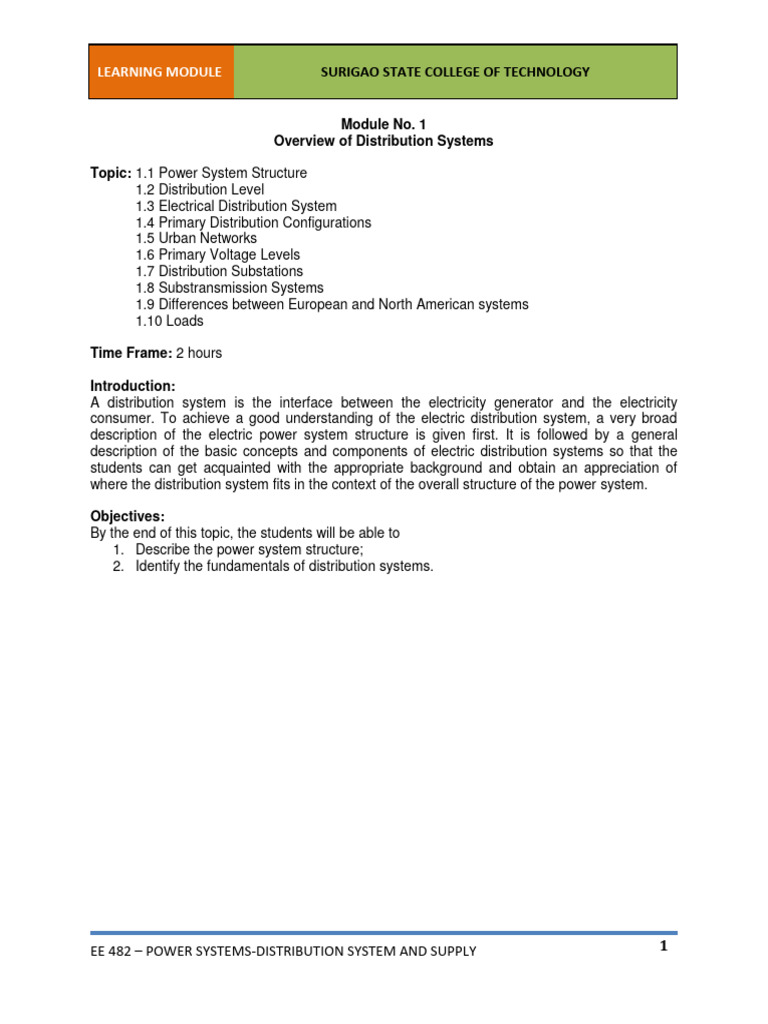 EE 482 Module 1 Overview of Distribution Systems | PDF | Electric Power Distribution | Electric ...