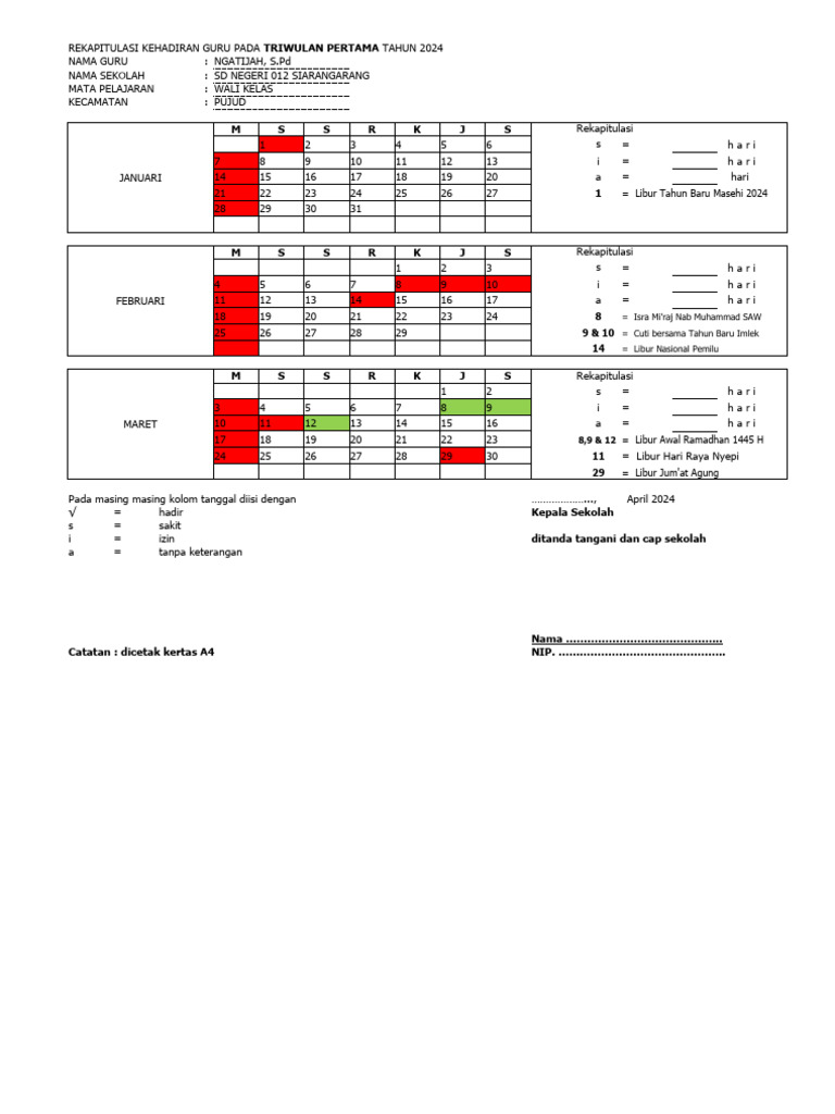 Revisi Rekap Absen Guru Tamsil TW I Tahun 2024 | PDF