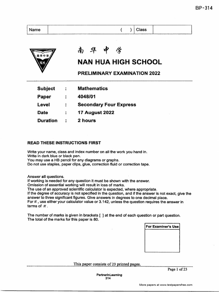 Pdfssec4 2022 Mathematics Prelims Nanhua Q PDF | PDF