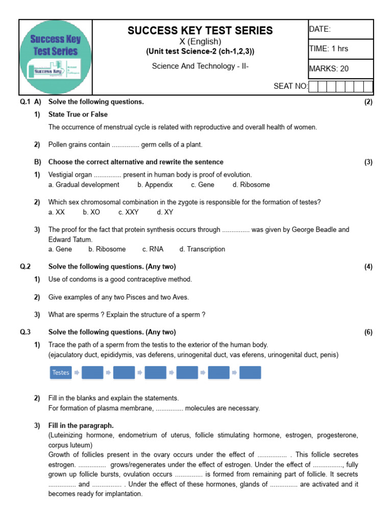Class 10 Science Unit Test 2 Paper | PDF | Human Body | Biology