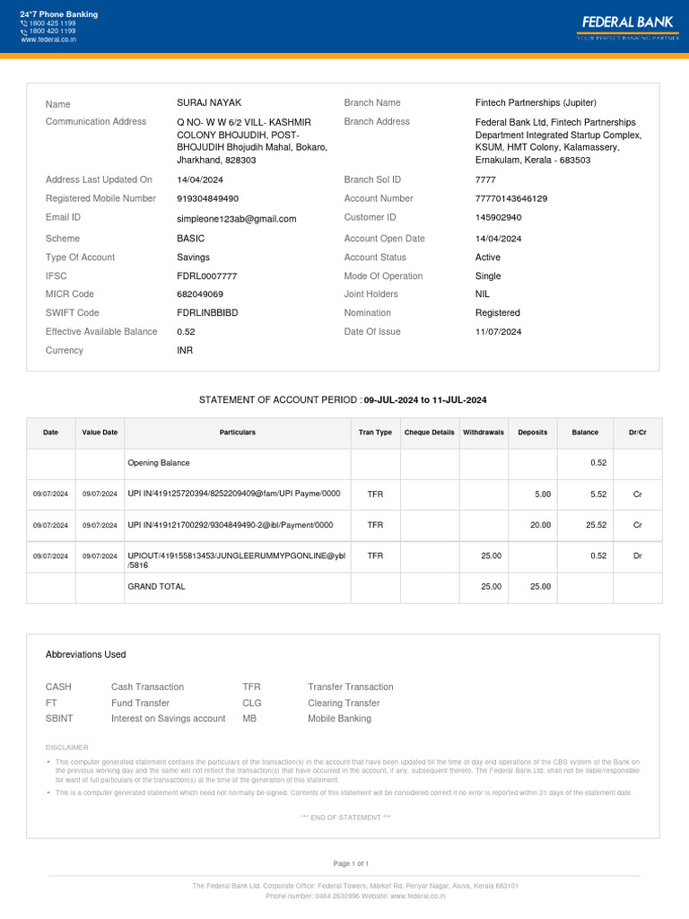 Federal Bank Account Statement Summary | PDF | Banks | Cheque