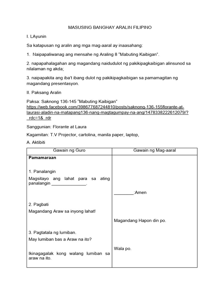 MASUSING BANGHAY ARALIN FILIPINO | PDF