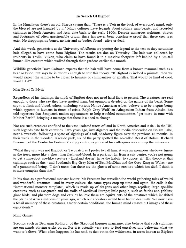 In Search of Bigfoot | PDF | Bigfoot