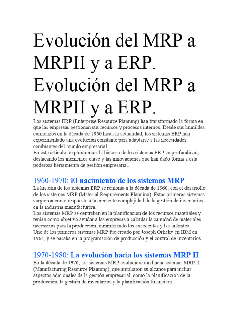 Evolución Del MRP A MRPII y A ERP | PDF | Planificación de recursos empresariales | Internet de ...