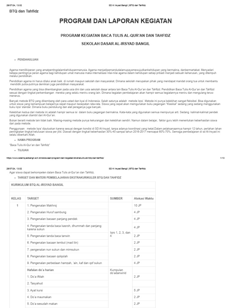 Program BTQ dan Tahfidz SD Al-Irsyad | PDF