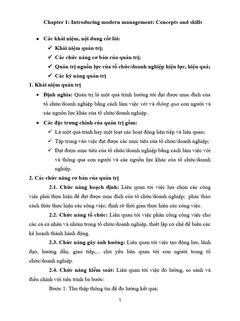 QUẢN TRỊ HỌC Tóm tắt Chương 1 Introducing modern management Concepts and skills | PDF