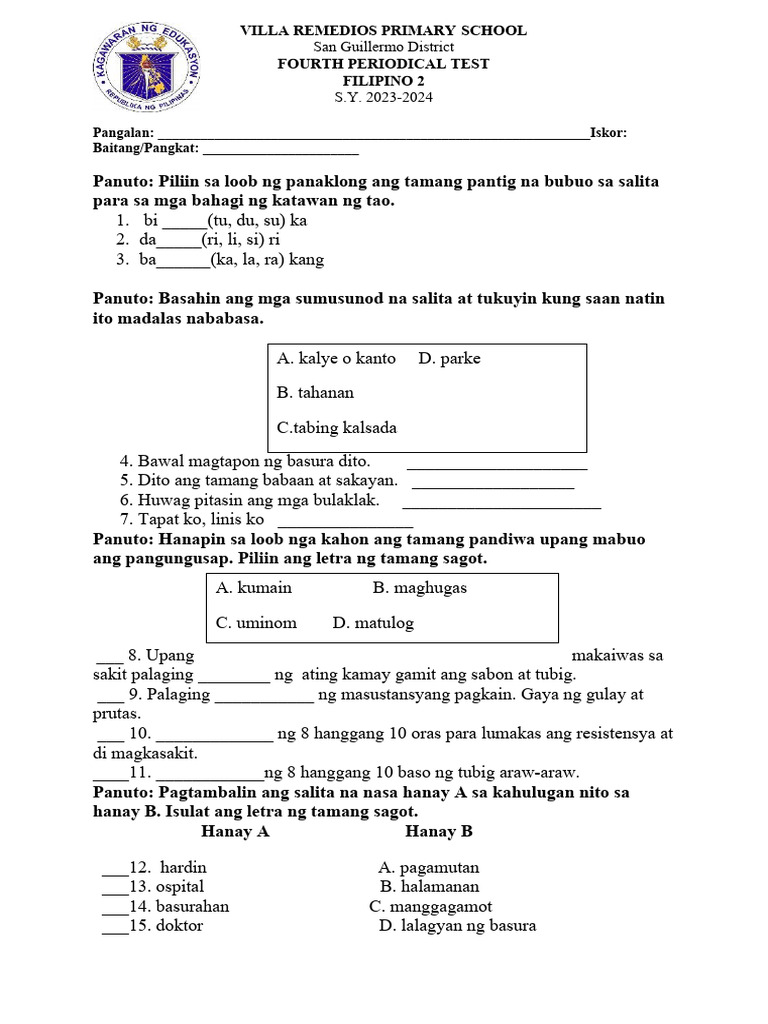 4th Grading Exam. Filipino2 New S.Y. 2023 2024 | PDF
