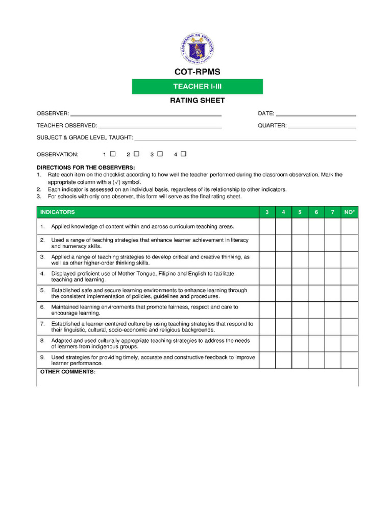 Cot Rating Sheet | PDF