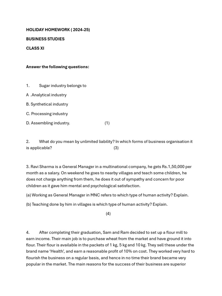 HHW Class 11 BSTD (2024-25 | PDF | Business Economics | Economies