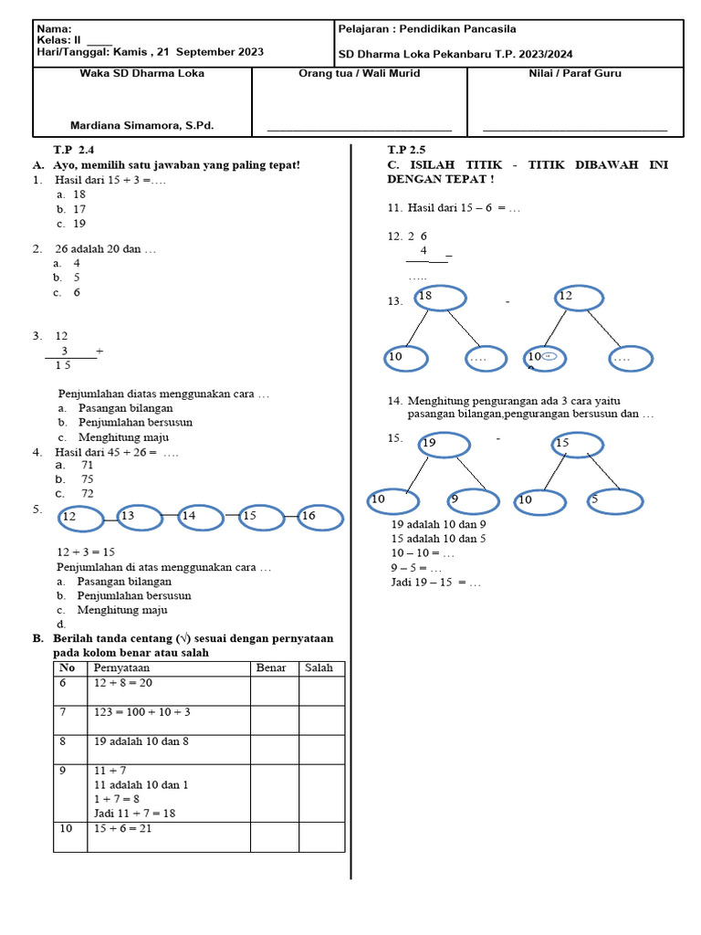 Soal matematika Bab 2 TP 1 2023-2024 | PDF