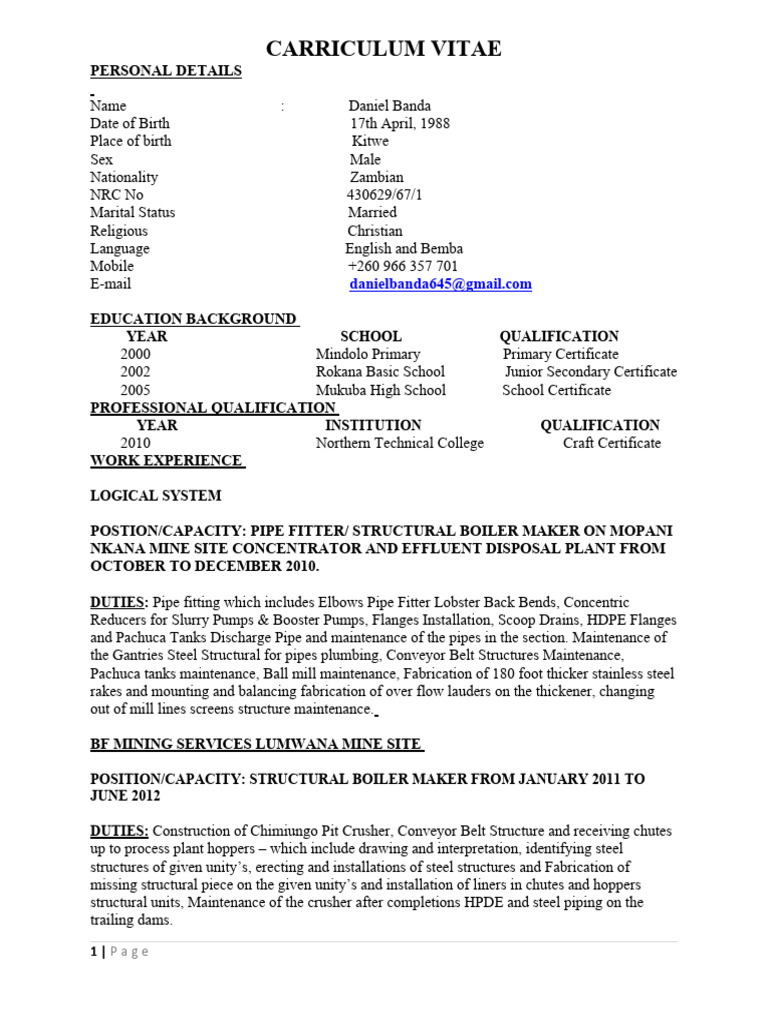 Carriculum Vitae Daniel Banda | PDF | Pipe (Fluid Conveyance) | Metal Fabrication