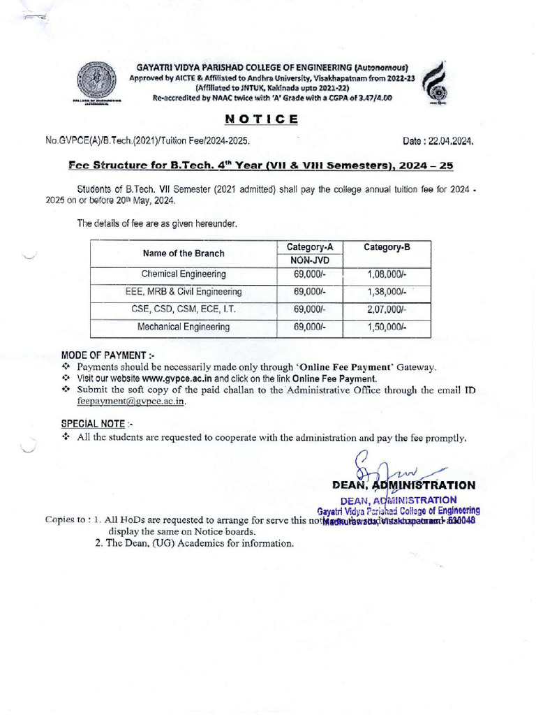 Fee Notice for IV Year, 2024-25_compressed | PDF